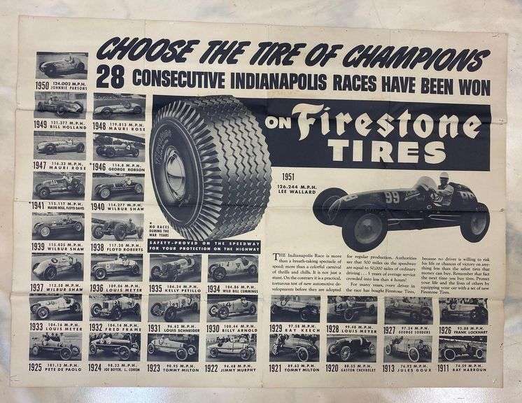 Vintage Firestone Tire Indy 500 Advertising Poster 1951 - Matthew ...