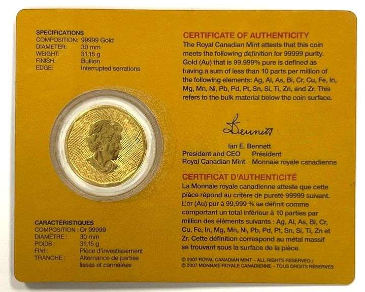 RARE HTF 5 9's 2008 Canada 1 oz Gold Purest Ever! .99999 Fine Gold ...