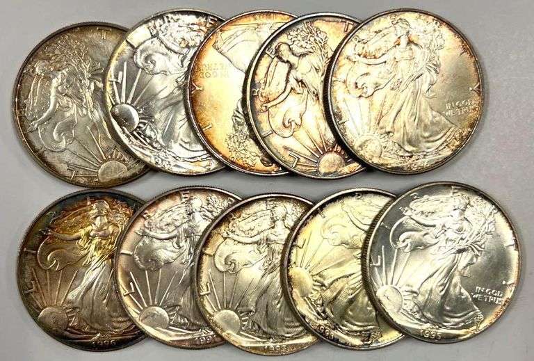Group of 10 1987-1996 US Mint Silver American Eagles .999 Fine Silver ...