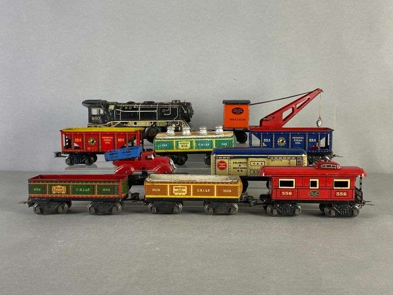 Group of Marx Tin Litho Train Cars and Locomotive - Matthew Bullock ...