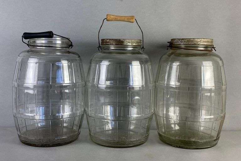 Group of 3 Large Glass Barrel Jars - Matthew Bullock Auctioneers