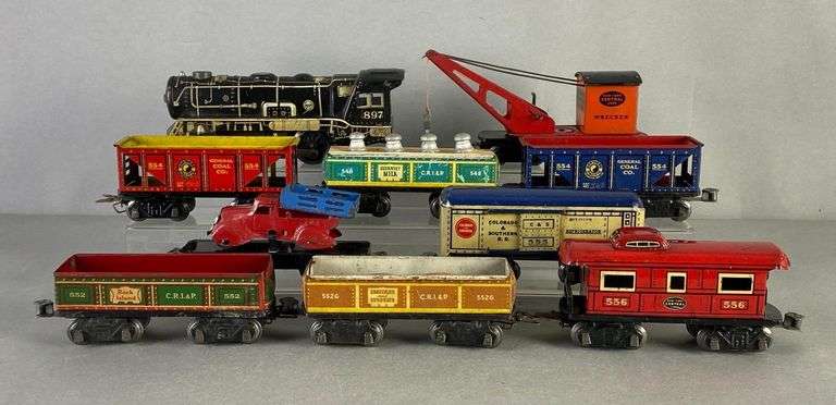 Group of Marx Tin Litho Train Cars and Locomotive - Matthew Bullock ...