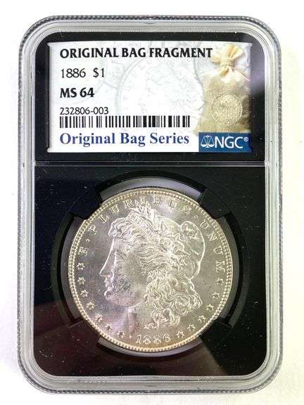 Original Bag Fragment 1886 NGC Graded MS 64 US Morgan Silver Dollar - Matthew Bullock Auctioneers