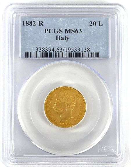 PCGS Graded 1882-R Italy 20 Lira Umberto I Gold Coin MS63 - Matthew ...