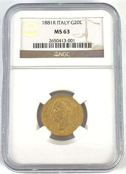 NCG Graded 1881-R 20 Lira Italy Umberto I Gold Coin MS63 - Matthew ...