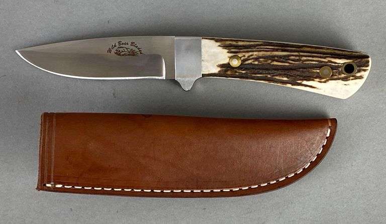 Wild Boar Blade Red Stag Handled Knife with Leather Sheath - Matthew ...