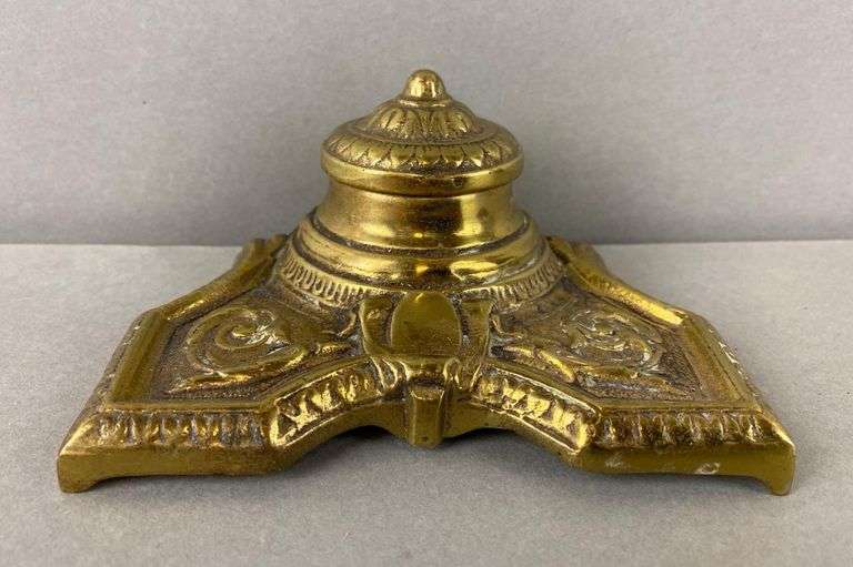 Antique Brass Inkwell with Ceramic Insert - Matthew Bullock Auctioneers