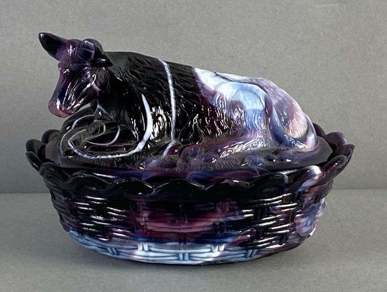 Slag Glass Nesting Cow Candy Dish - Matthew Bullock Auctioneers