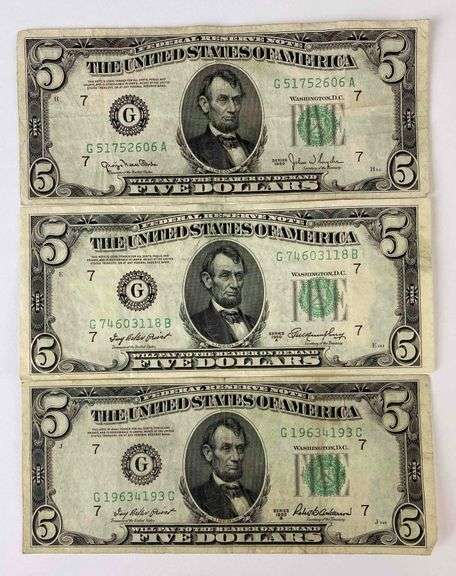 Group of (3) 1950 Five Dollar Bills - Matthew Bullock Auctioneers