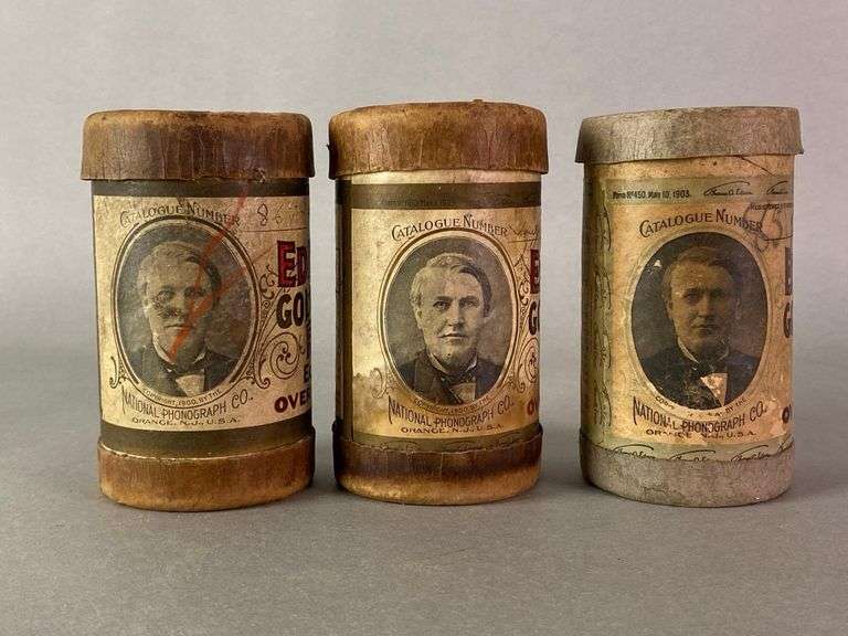 Group of 3 Edison Gold Moulded Cylinder Record Boxes - Matthew Bullock ...