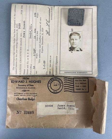 1936 Illinois Chauffeurs Badge with Paperwork - Matthew Bullock Auctioneers