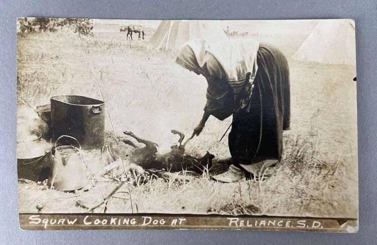 Squaw Cooking Dog Real Photo Postcard - Matthew Bullock Auctioneers