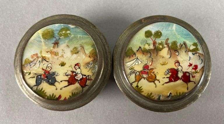 Group of 2 Asian Hand Painted Mother of Pearl Silver Plate Powder Boxes ...