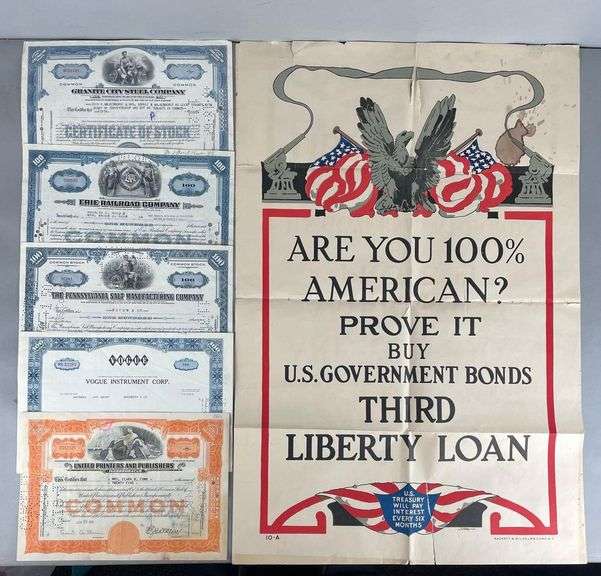 Vintage Stock Certificates and U.S. Government Bonds Poster - Matthew ...