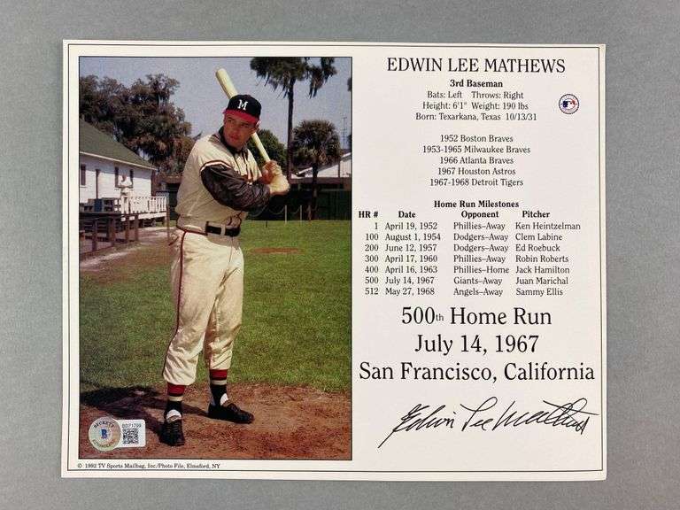 Eddie Mathews Signed Photo Star Sheet with Beckett COA - Matthew ...