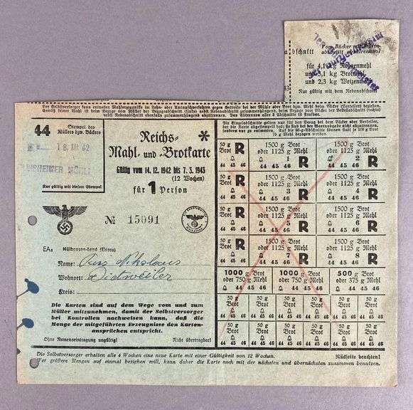 WWII German Ration Sheet For Bread and Meals - Matthew Bullock Auctioneers