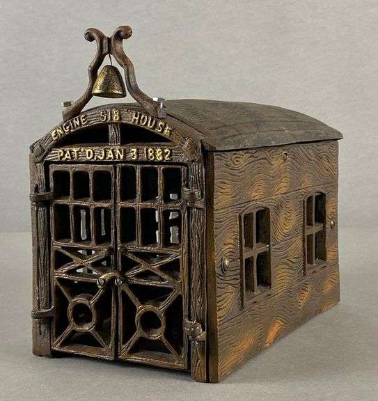 Rare Pat. 1882 Cast Iron Fire Engine House 518 Money Bill Bank Holder ...