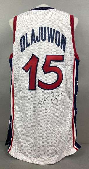 Hakeem Olajuwon Signed Dream Team USA Olympic Champion Pro Cut Jersey ...