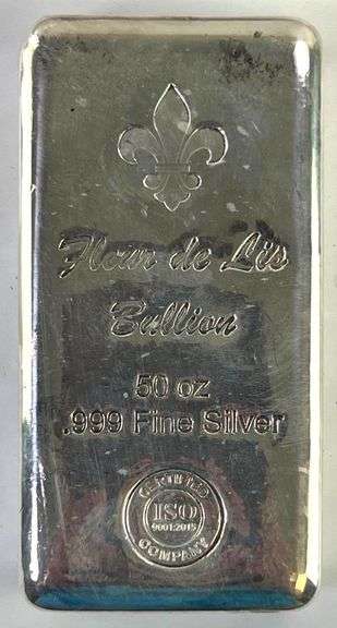 Fleur De Lis 50 oz .999 Fine Silver Bar - Matthew Bullock Auctioneers