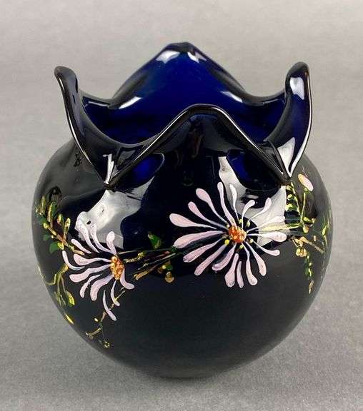Mt. Washington Hand-Painted Enamel Floral Cobalt Blue Glass Vase ...