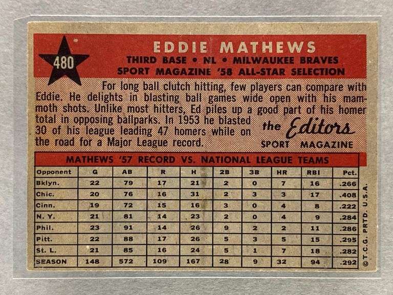 1958 Topps Signed Ed Mathews All-Star #480 - Matthew Bullock Auctioneers