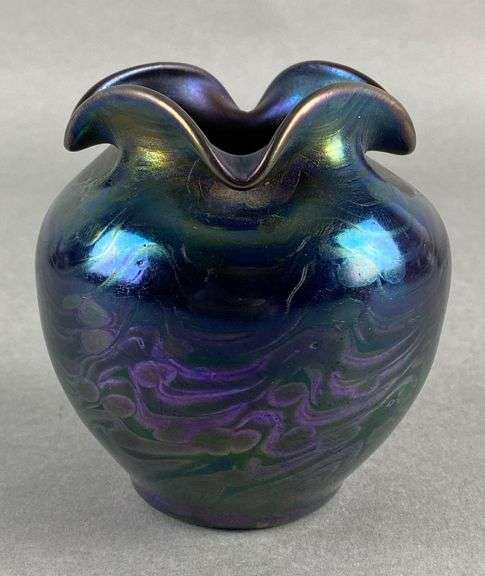 Blue Luster Iridescent Folded Rim Glass Vase - Matthew Bullock Auctioneers