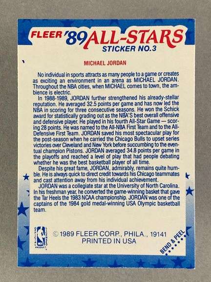 1989 Fleer Sticker Michael Jordan #3 - Matthew Bullock Auctioneers