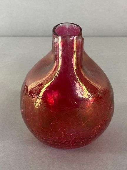Blenko Pinched Ruby Red Crackle Glass Vase - Matthew Bullock Auctioneers
