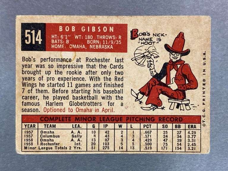 1959 Topps Bob Gibson #514 Rookie - Matthew Bullock Auctioneers