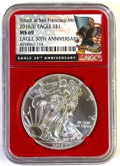 2016-S San Francisco 30th Anniversary US Mint Silver American Eagle .999 Fine Silver NGC MS69 ...