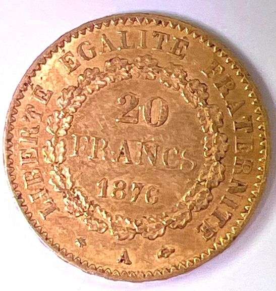 1876 A France Gold 20 Francs Lucky Angel Coin .1867 oz 140 year old Gold coin - Matthew Bullock ...