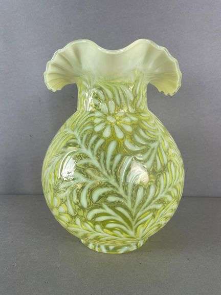 Fenton Opaline Vaseline Glass Daisy and Fern Pitcher - Matthew Bullock ...