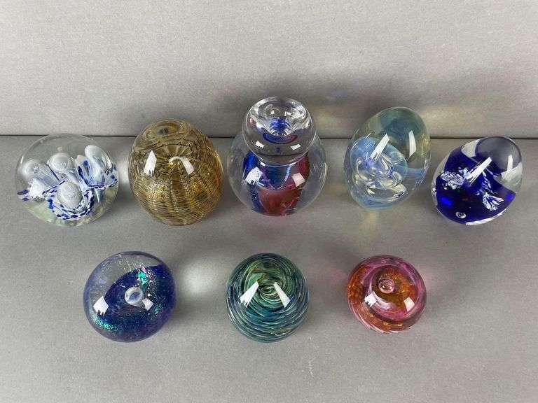 Group of 8 Signed Glass Paperweights - Matthew Bullock Auctioneers