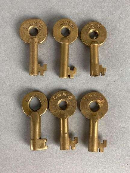 Group of 6 Brass Railroad Keys - Matthew Bullock Auctioneers