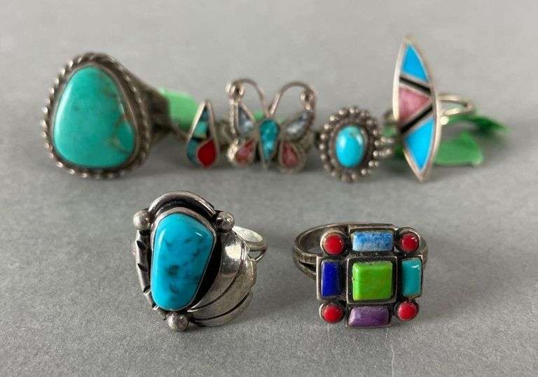 Group of 7 Southwest Style Stone Rings - Matthew Bullock Auctioneers