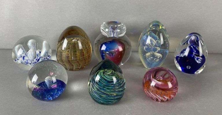 Group of 8 Signed Glass Paperweights - Matthew Bullock Auctioneers
