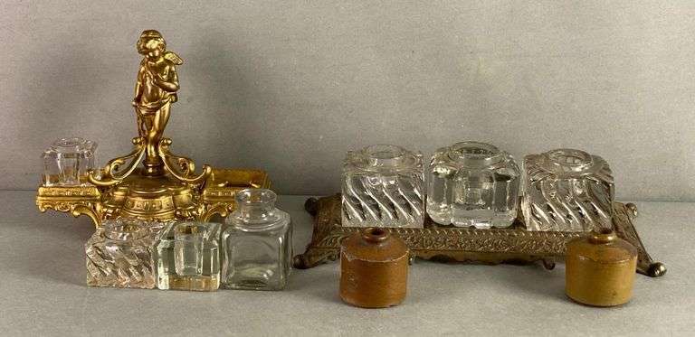 Group of 7 Ink Well Stands and Inkwells - Matthew Bullock Auctioneers