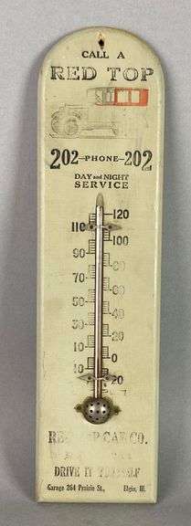 Red Top Cab Co. Wood Advertising Thermometer - Matthew Bullock Auctioneers