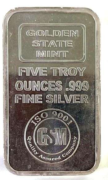 Golden State Mint 5 oz .999 Fine Silver Bar - Matthew Bullock Auctioneers
