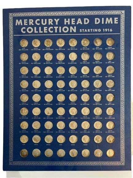 Complete Set of Mercury Silver Dimes in old Holder includes 1916-D ...
