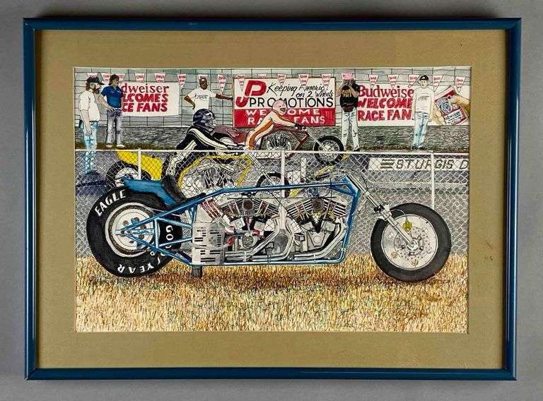Artist Signed Motorcycle Race Drawing - Matthew Bullock Auctioneers