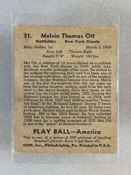 1939 Play Ball Mel Ott #51 - Matthew Bullock Auctioneers