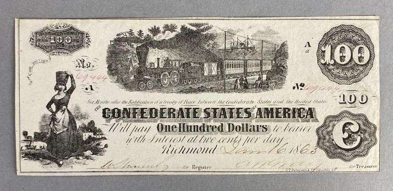 1863 Confederate States of America $100 Ratification Note - Matthew ...