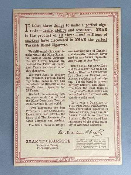 Omar Turkish Cigarettes Paper Advertising Poster - Matthew Bullock ...
