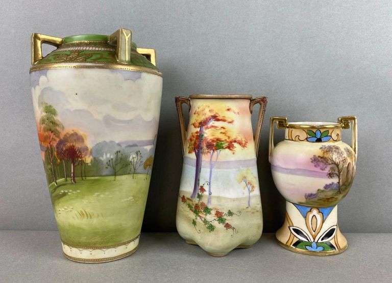 Group of 3 Nippon Hand Painted Porcelain Tree Vases - Matthew Bullock ...