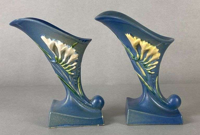 Pair of Roseville Pottery Blue Freesia Cornucopia Vases - Matthew ...