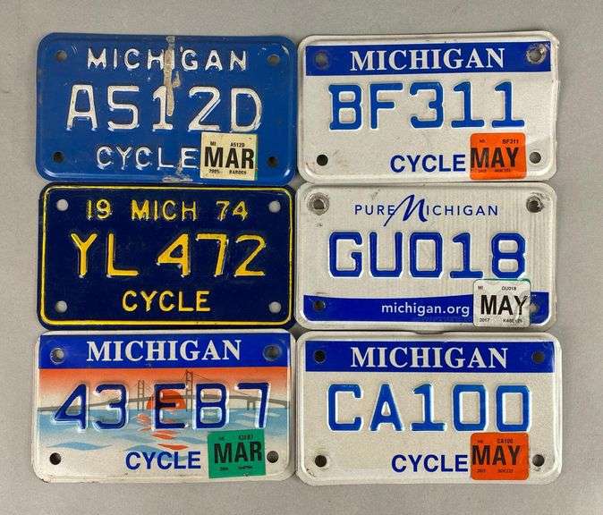 Group of 6 Michigan Motorcycle License Plates - Matthew Bullock Auctioneers