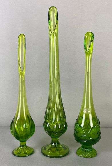 Group of 3 Vintage Green Slung Glass Vases - Matthew Bullock Auctioneers