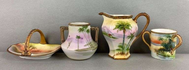 Group of 4 Nippon Hand Painted Porcelain Palm Tree Items - Matthew ...