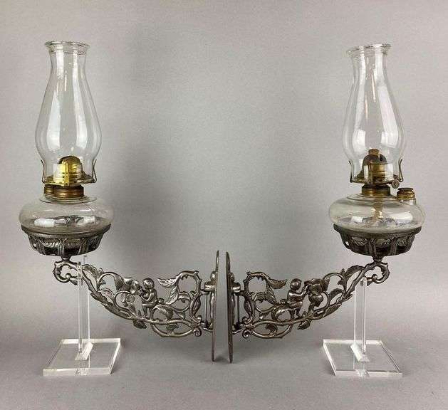 Group of 2 Antique Cast Iron Oil Lamp Sconces - Matthew Bullock Auctioneers
